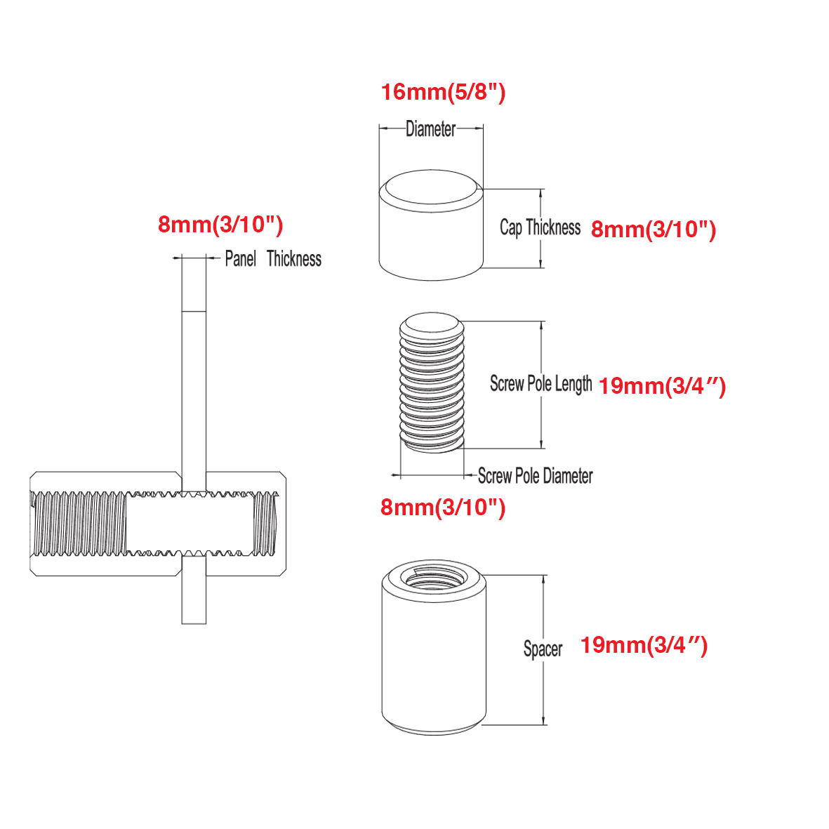Cap and Barrel Standoffs – 16mm (5/8″) Cap x Barrel 19mm (3/4″) – Shiny ...